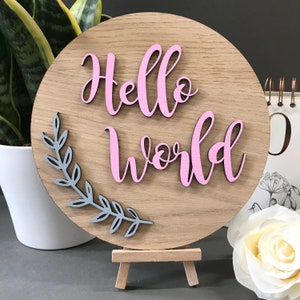 Personalised - Hello World - Round Circular Oak Plaque - Baby Shower ...