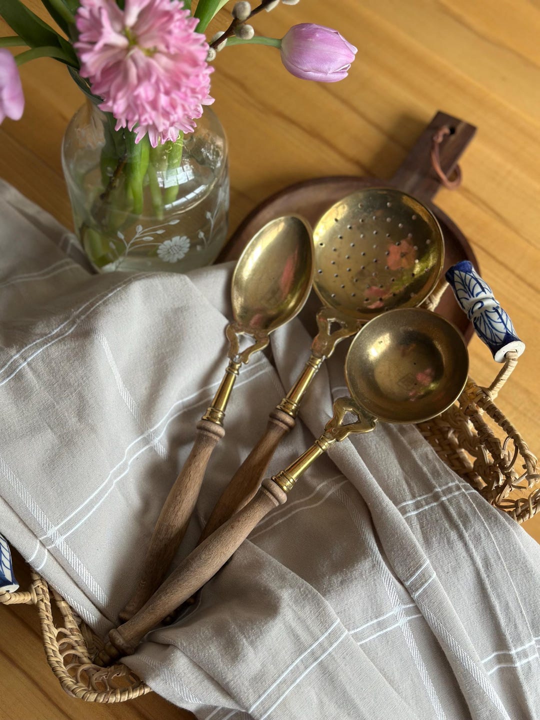 French Vintage Brass and Wood Kitchen Utensils Chateaucore Home - Etsy