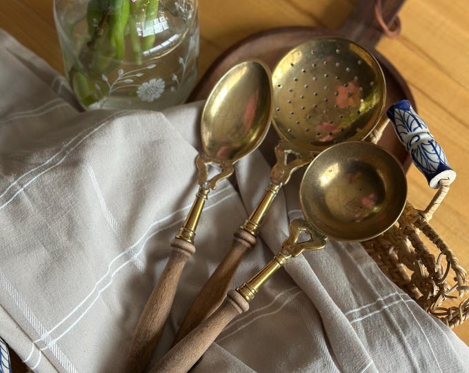French Vintage Brass and Wood Kitchen Utensils Chateaucore Home - Etsy
