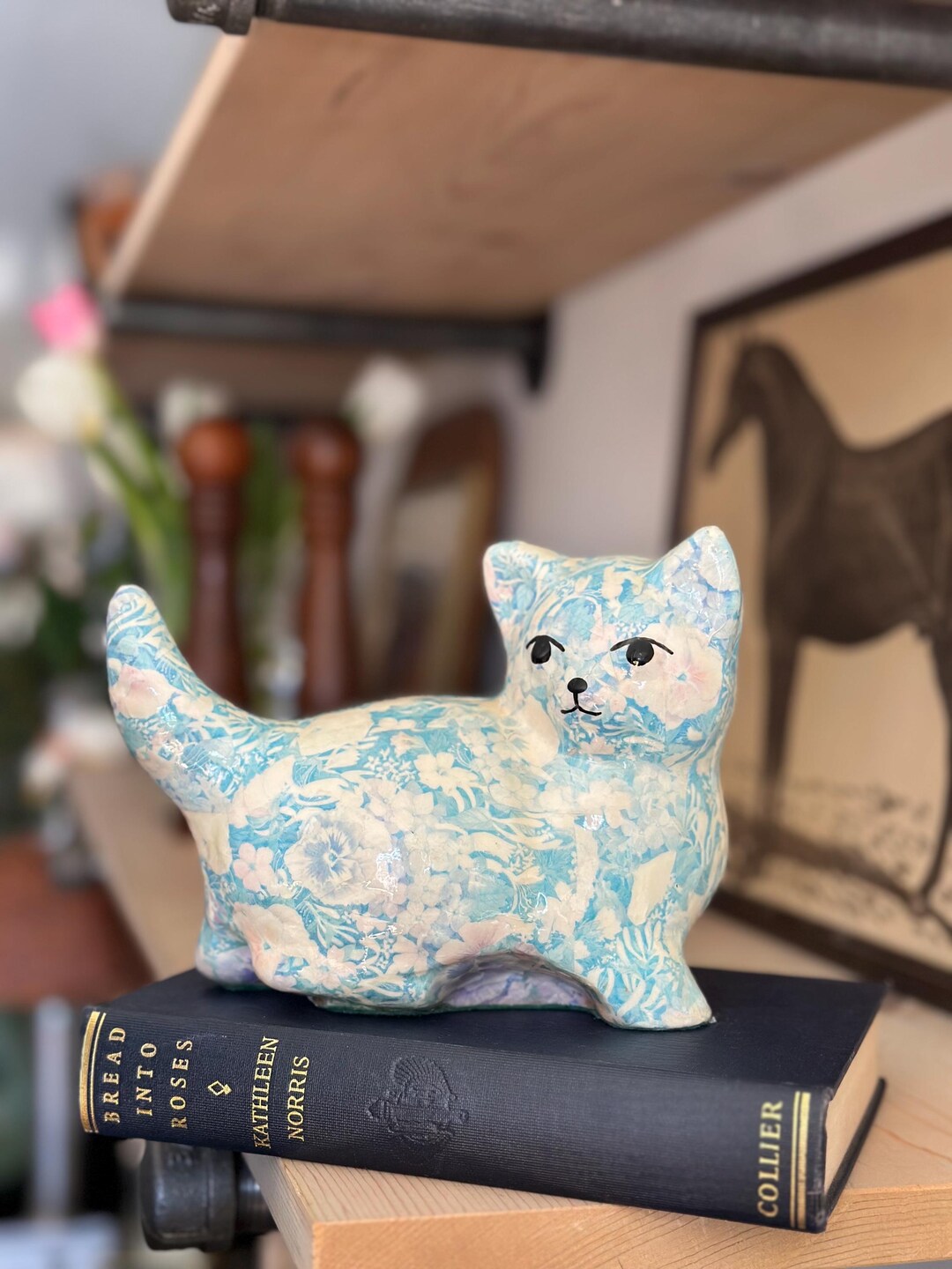 Vintage Decoupage Cat Figurine, Floral Cottagecore Ceramic Animal ...