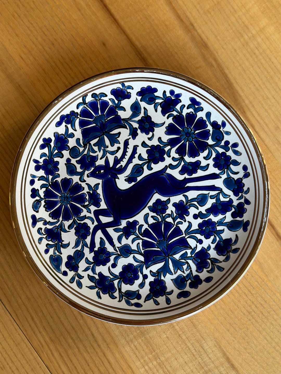 Vintage Handmade Greek Blue and White Deer in Flowers Dakas Ceramics ...