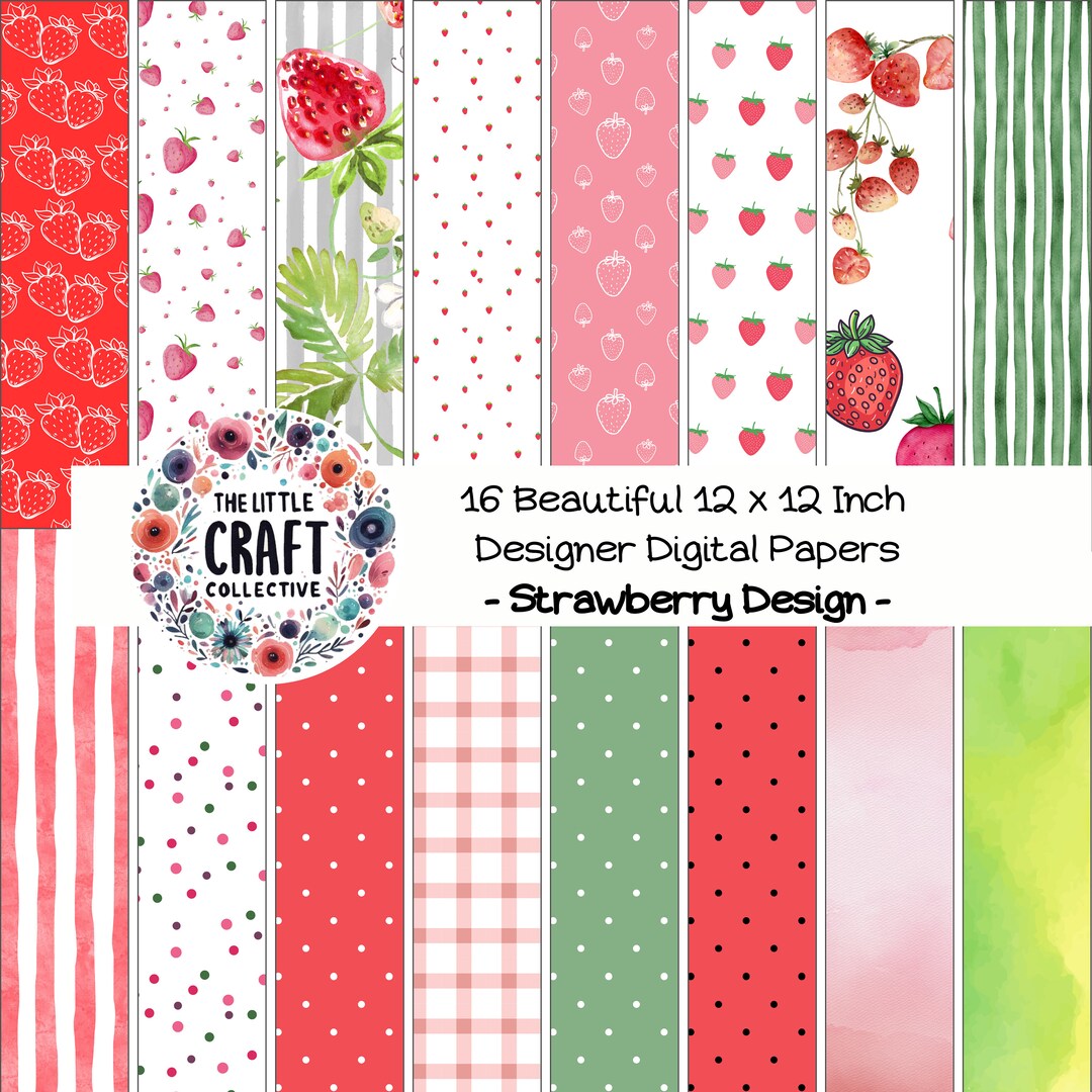 16 Strawberry Themed Design Digital Papers, Commercial Use, Cards, Junk ...