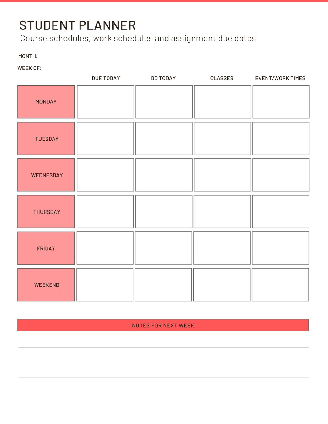 Student Weekly Planner - Etsy