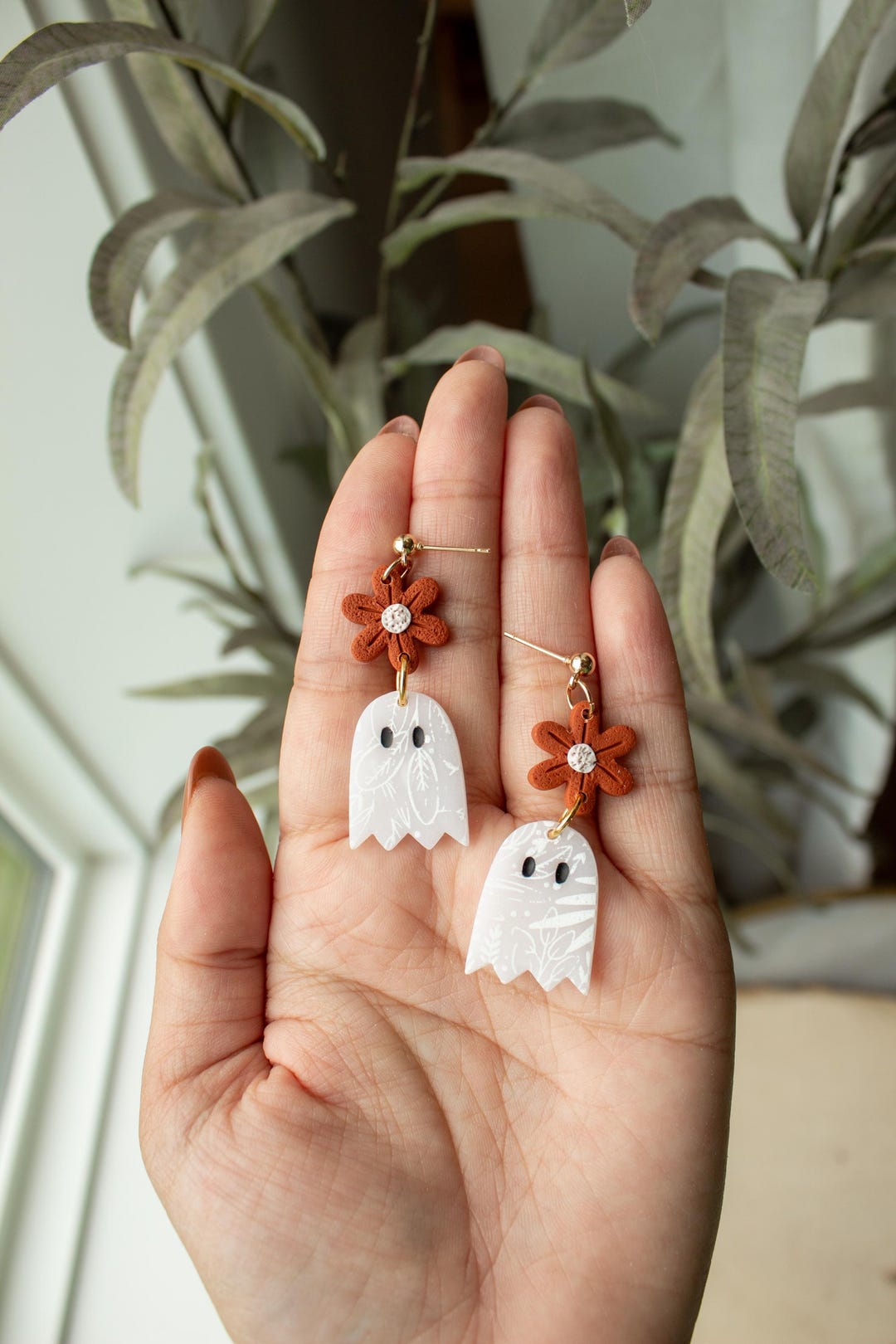 Terracotta Floral Ghost Dangles | Polymer Clay Fall Halloween Dangle ...