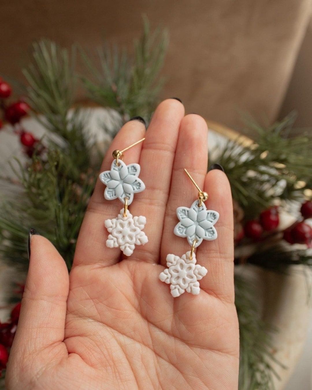 Elsa Snowflake Dangles | Holiday Christmas Light Blue Earrings Polymer ...