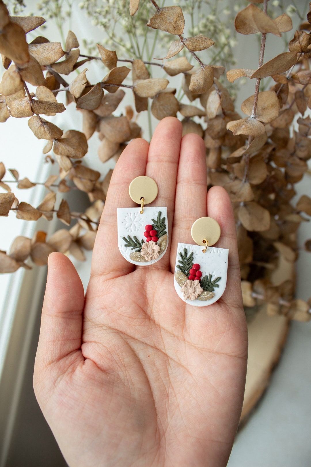 Holiday Floral Dangles | Polymer Clay Christmas Holiday Dainty Dangles ...