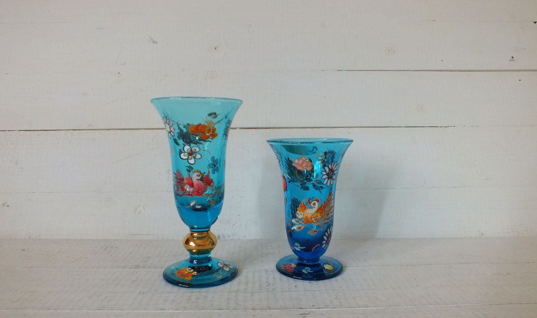 Spanish Royo Style Art Glass Vases - Signed Blue Glass Enameled Multi ...