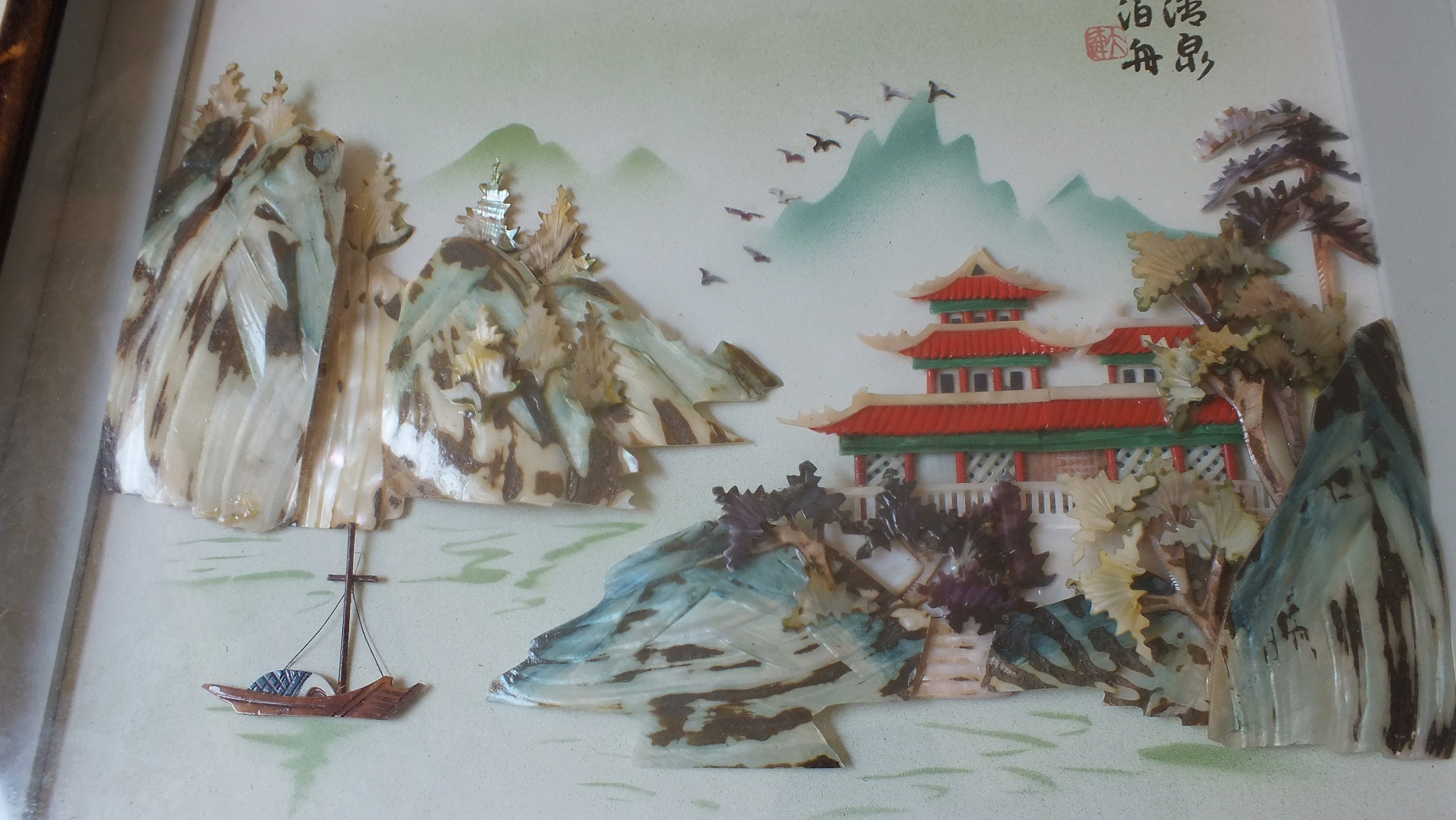 Chinese Shell Art Wall Decor Chinese Wall Art 3D Glass Shadow Box ...
