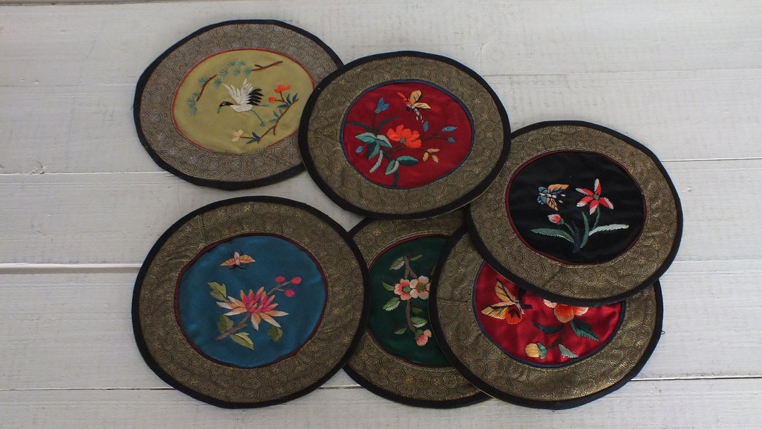 Chinese Silk Embroidered Coasters Silk Tapestry Dun Huang Vintage ...