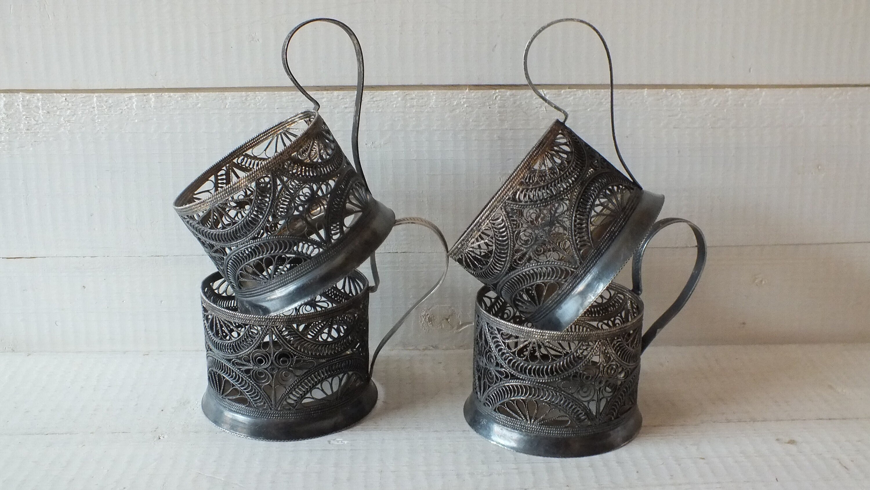 Filigree Podstakannik Set Of 4 Soviet Tea Glass Holder Etsy