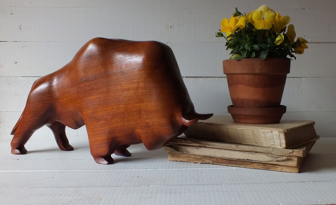 Large Teak Bison Sculpture - Carving Teak Buffalo Figure - Hand Carved ...