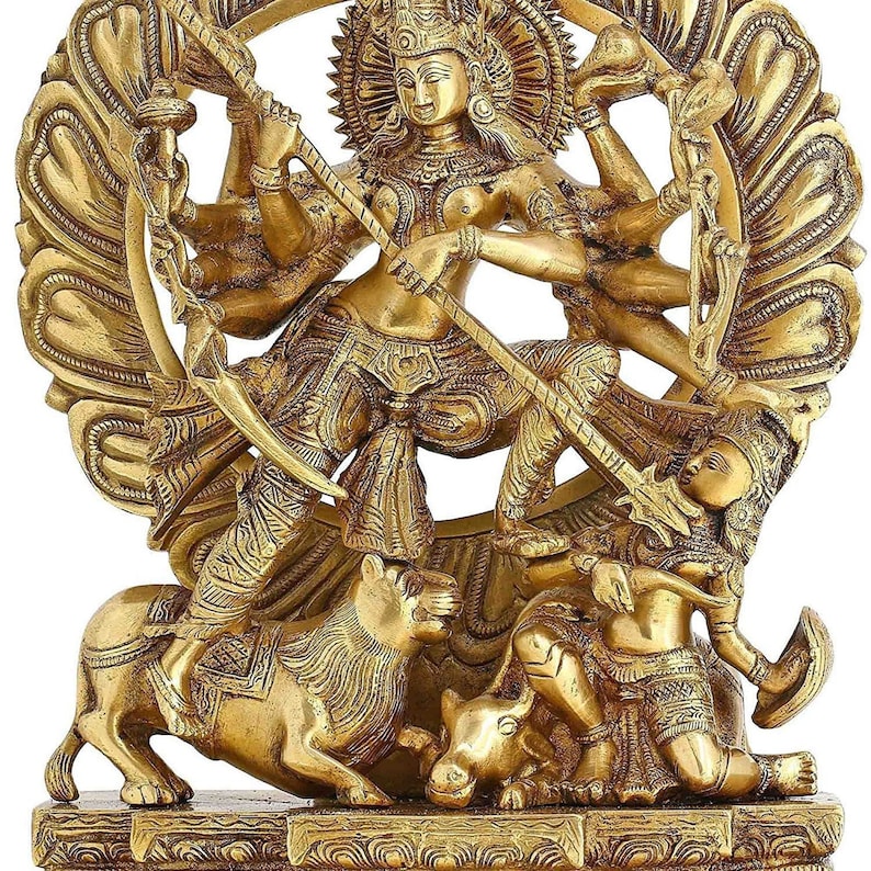 Ten-armed Mahishasuramardini Goddess Durga - Brass Statue Activated ...