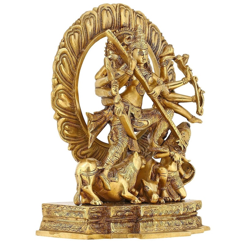 Ten-armed Mahishasuramardini Goddess Durga - Brass Statue Activated ...