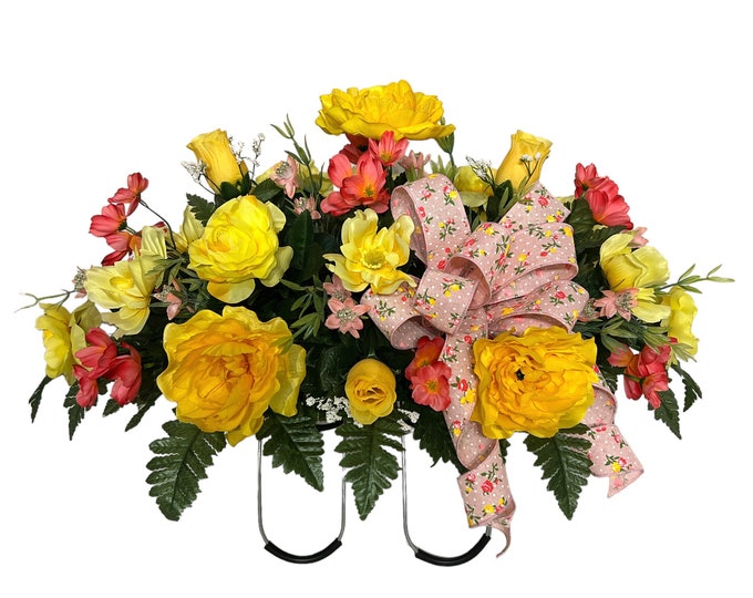 Cemetery Saddle, Headstone Saddle, Yellow and Pink Cemetery Flowers ...
