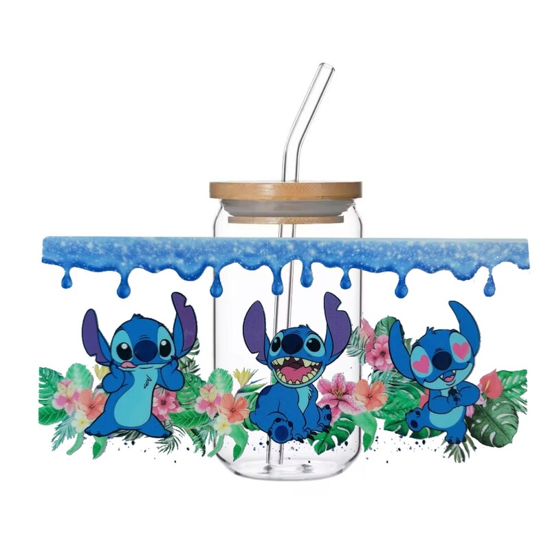 Stitch Glitter Drip Themed Libbey Can 16oz Glass With Bamboo Lid and ...