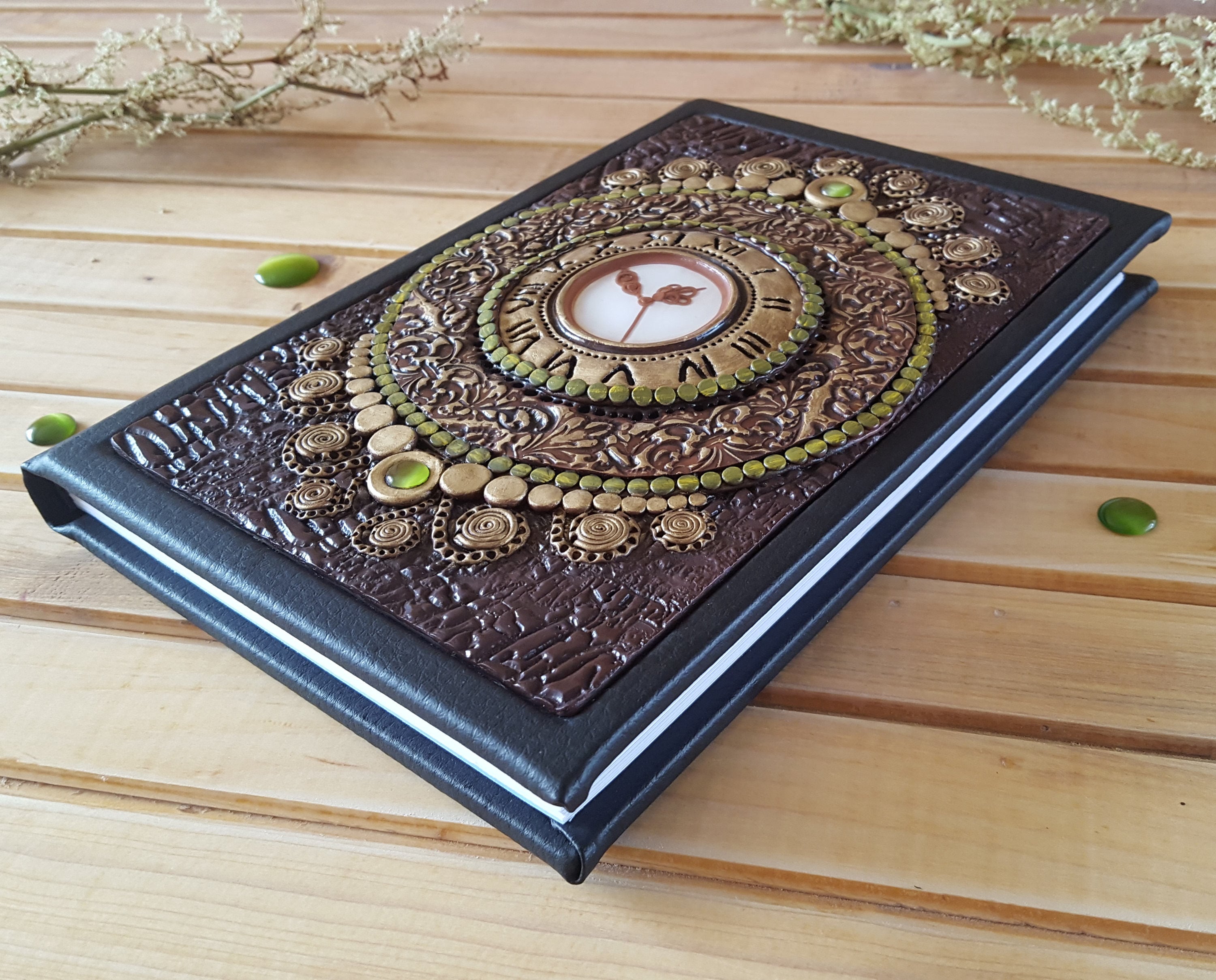 Time Book / Gold Clock Notebook / Black Leather Writing Journal / Guest ...