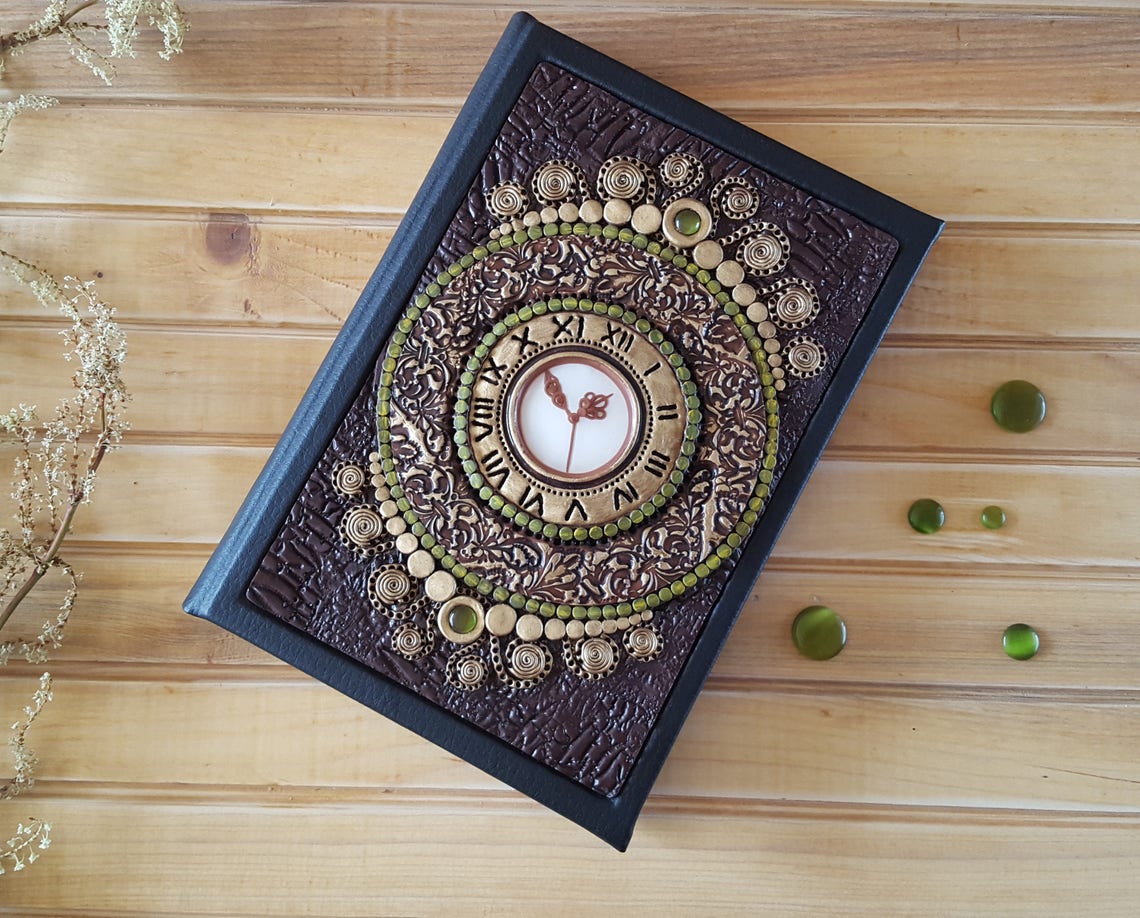 Time Book / Gold Clock Notebook / Black Leather Writing Journal / Guest ...