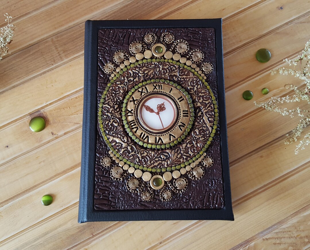 Time Book / Gold Clock Notebook / Black Leather Writing Journal / Guest ...