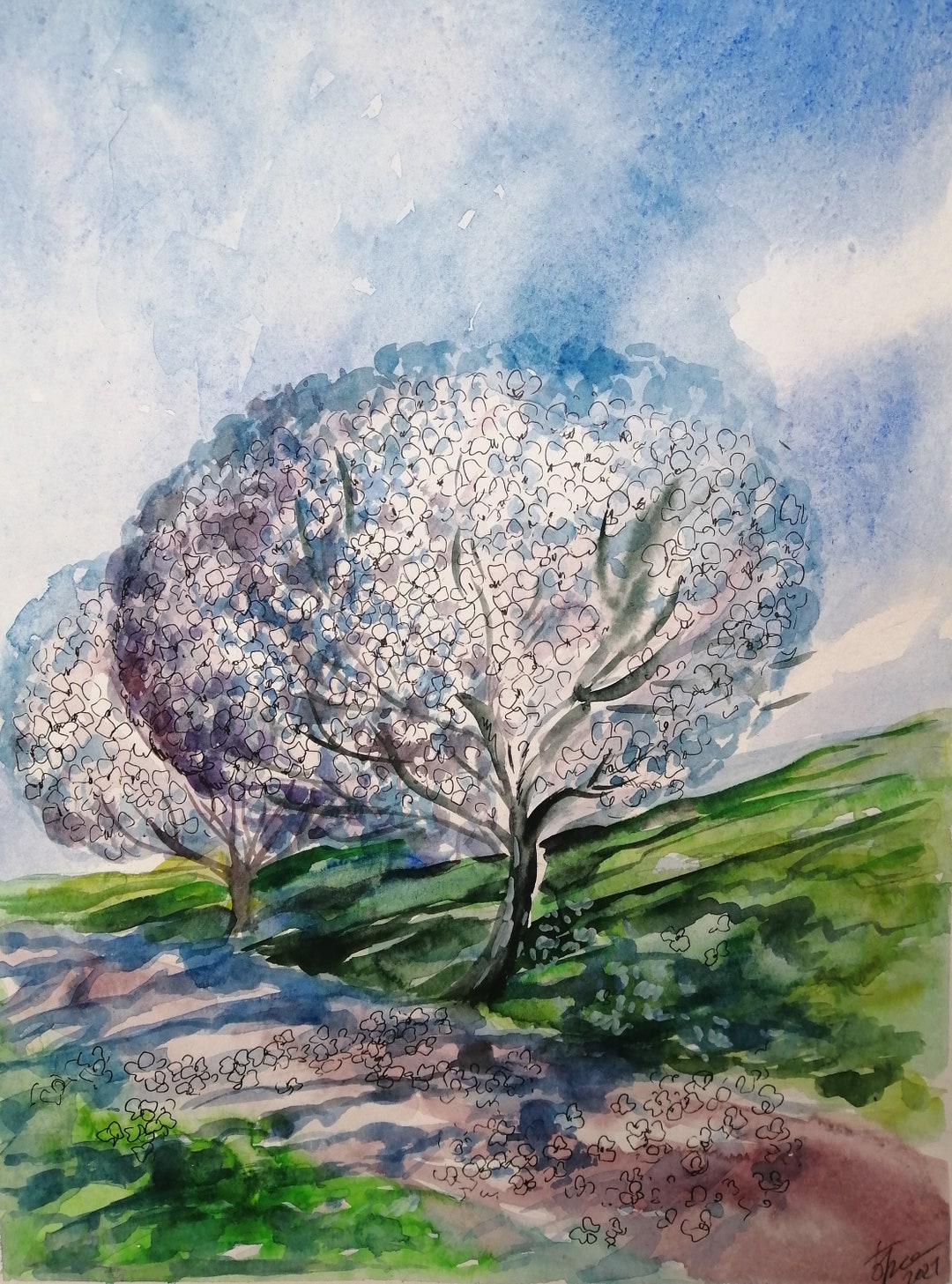Original Spring Watercolor, Flowering Trees, Landscape - Etsy