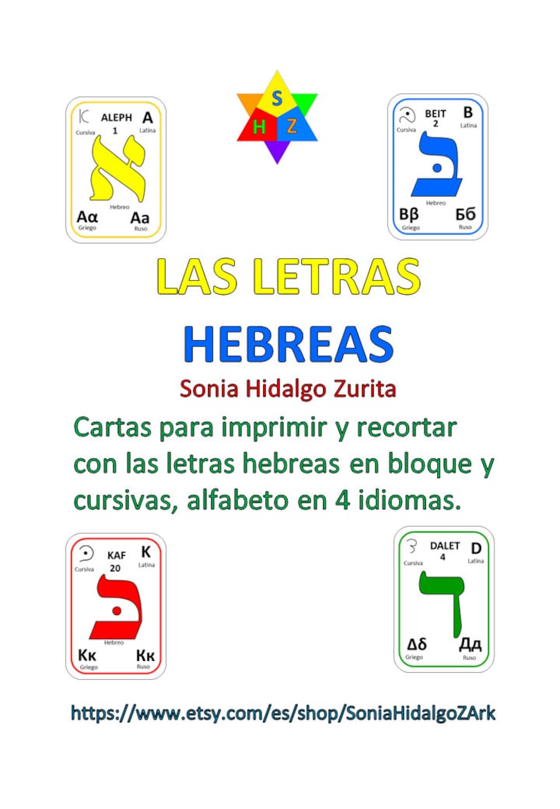 Cartas con las letras hebreas en 4 idiomas Aprender el abecedario ...