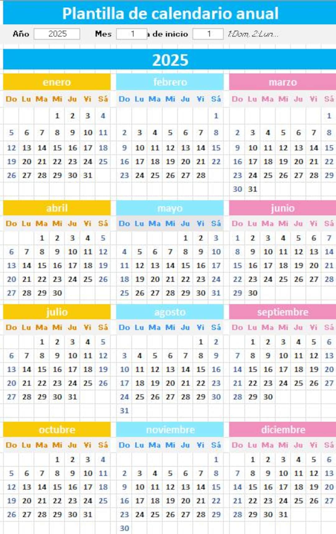 2025 Calendar Template in Excel Table. Annual Planner and Perpetual ...