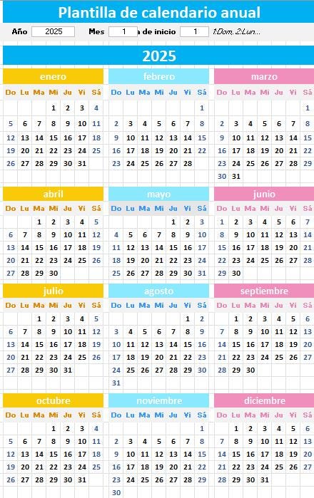 Plantilla de Calendario 2025 en tabla Excel. Planificador Anual y ...