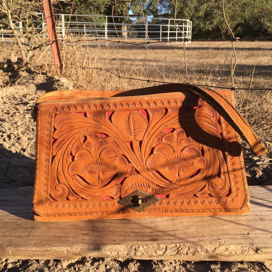 Vintage Hand Tooled Leather Pocketbook Handbag - Etsy