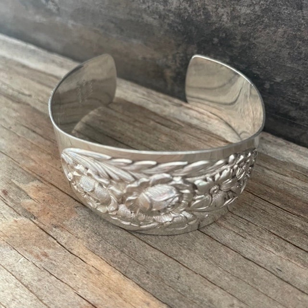 Sterling Silver Floral Repoussé Pattern Cuff Bracelet Signed ...