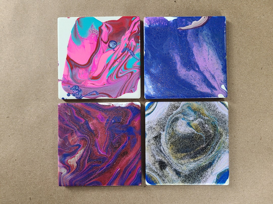 Set of 4 Hand Painted Ceramic Tile Coasters W/ Non-slip Cork Backing ...