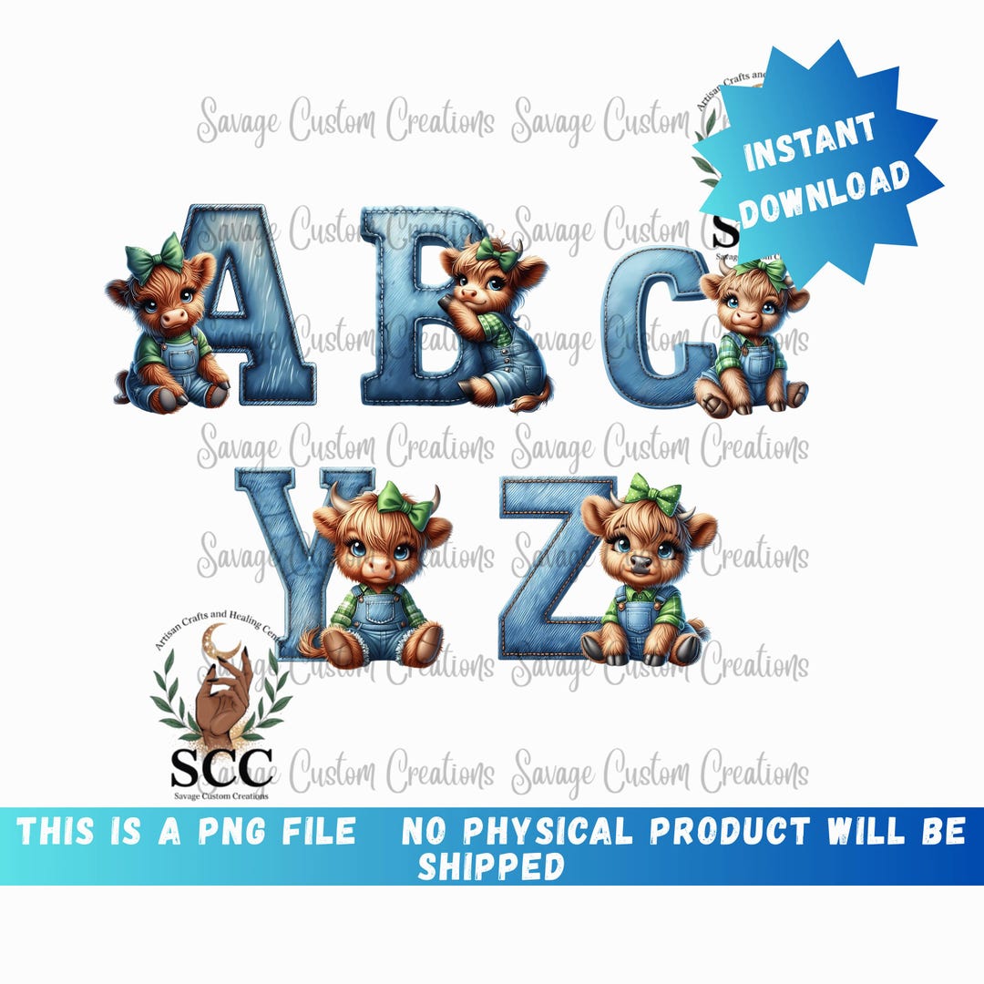Highland Cow Alphabet Clip Art Bundle: A-Z PNG, Farm Animal Letters ...