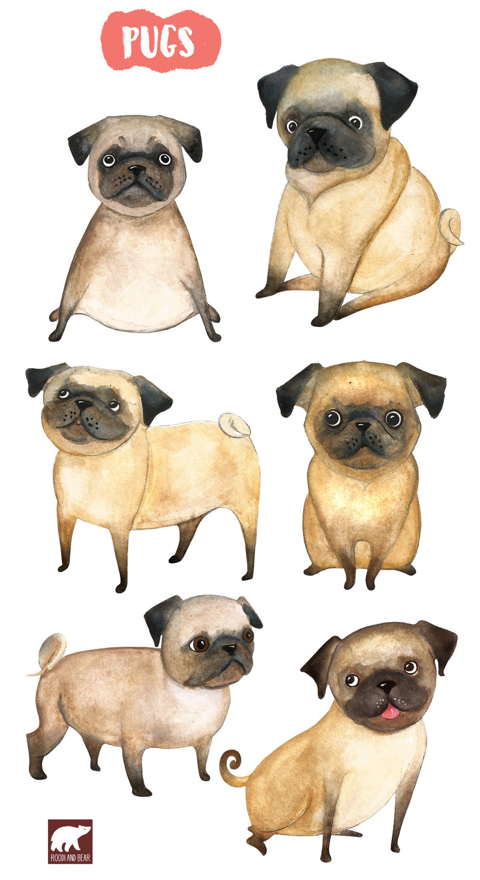 Watercolor Pug Clipart, Watercolour Pug Clipart, Hand Painted ...