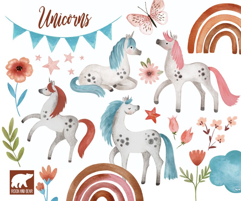 Rainbow Unicorns Watercolor Clipart Unicorn Watercolour Clip | Etsy