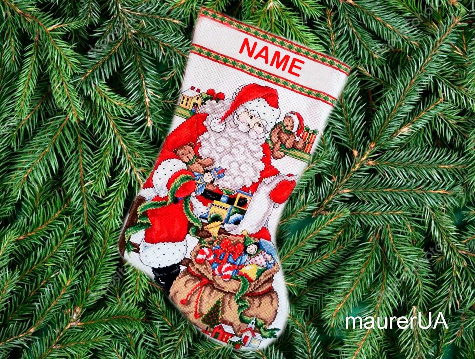 Personalised Christmas Stocking With Embroidered Santa Checking His ...