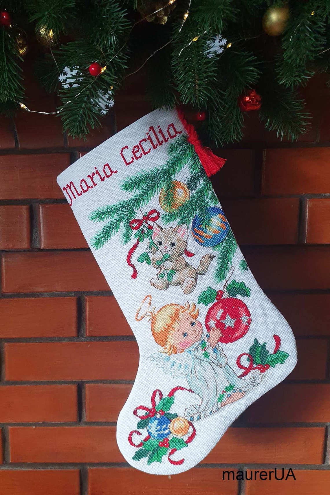 Personalized Christmas Stocking Holly Angel and Kitten Stocking ...