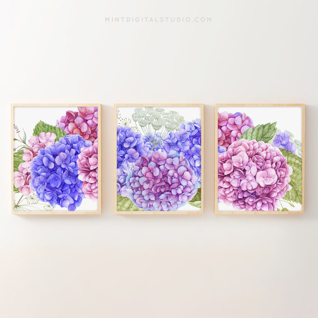 Hydrangea Print Set of 3 – Purple Floral Wall Art Printable, Botanical ...