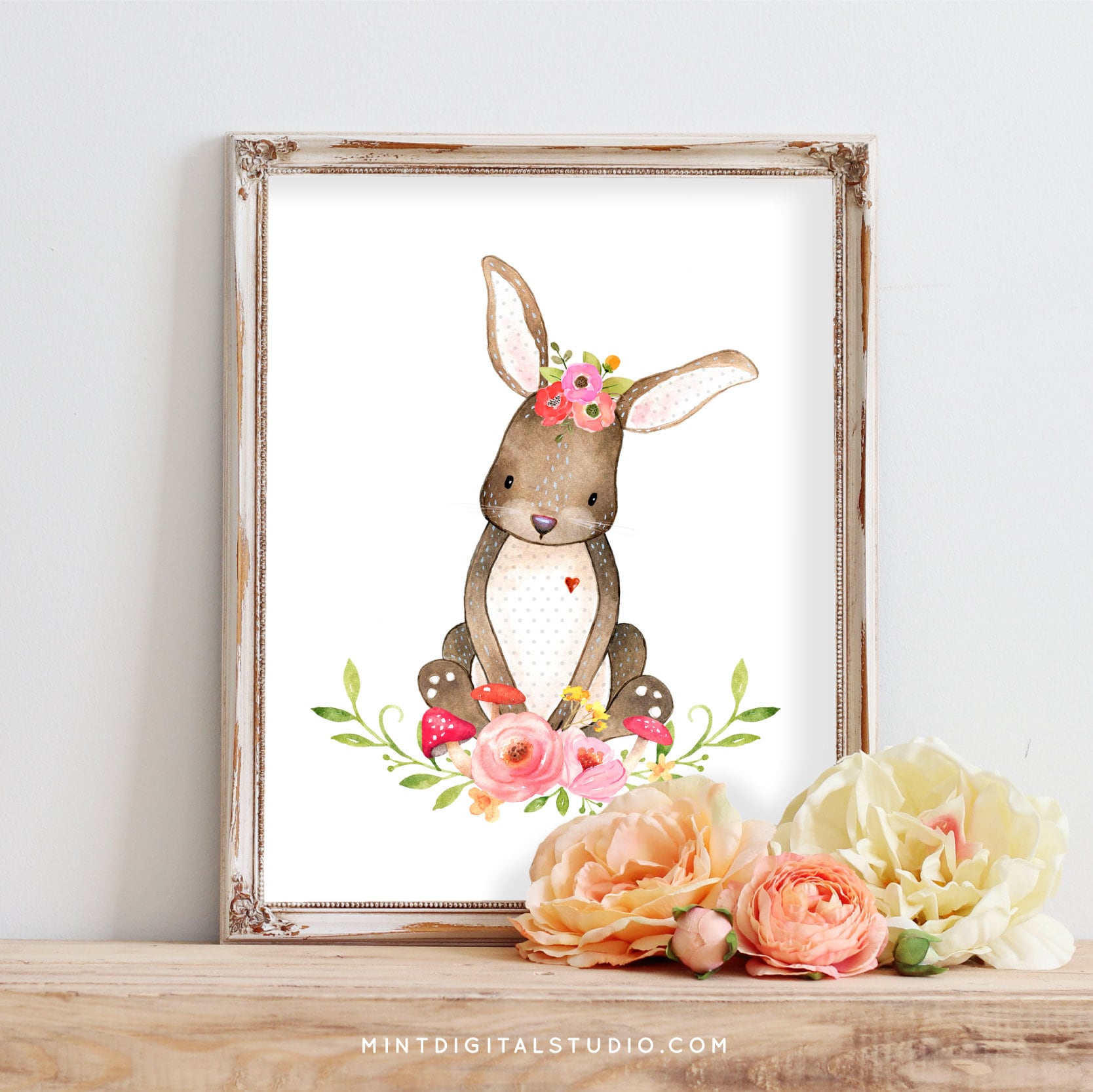 Digital Prints Prints Nursery Bunny Wall Art~ Bunny in Pink Flower ...