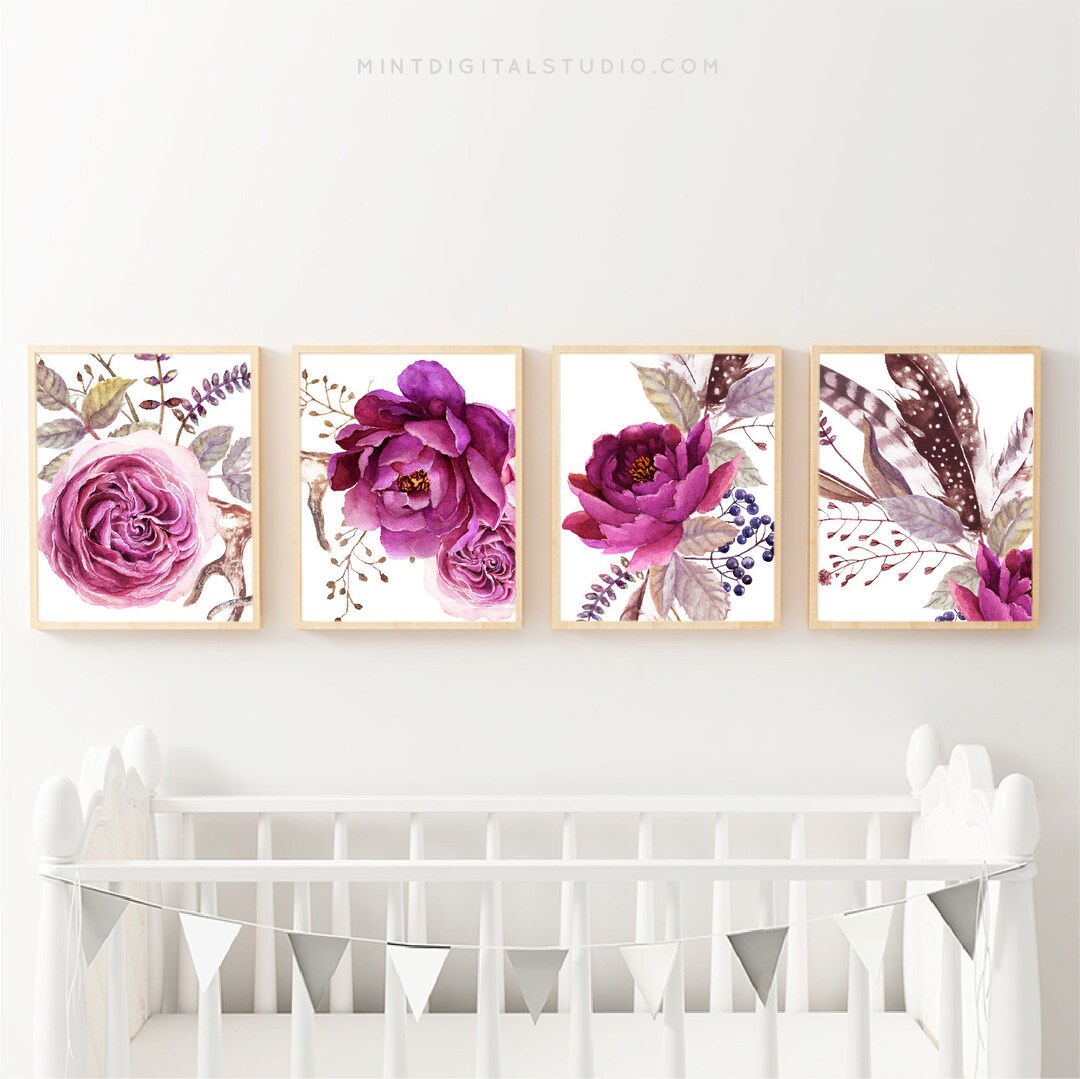 Purple Flower Art Prints, Floral Wall Decor, Botanical Print Set, Boho ...