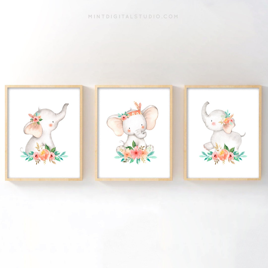 Boho Elephant Nursery Prints for Girls, Set of 3 Elephant Prints for ...