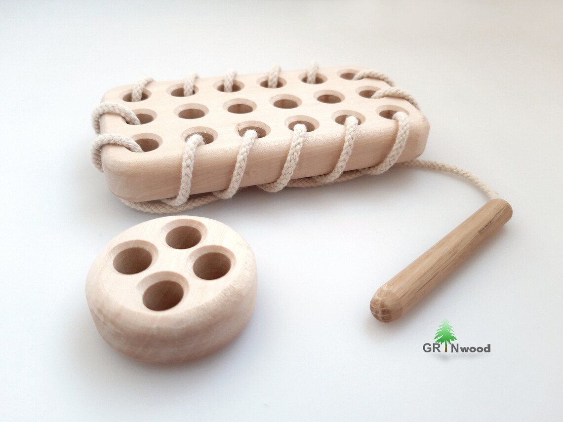 Montessori Lacing Toy // Wooden Toddler Toy // Button Sewing - Etsy
