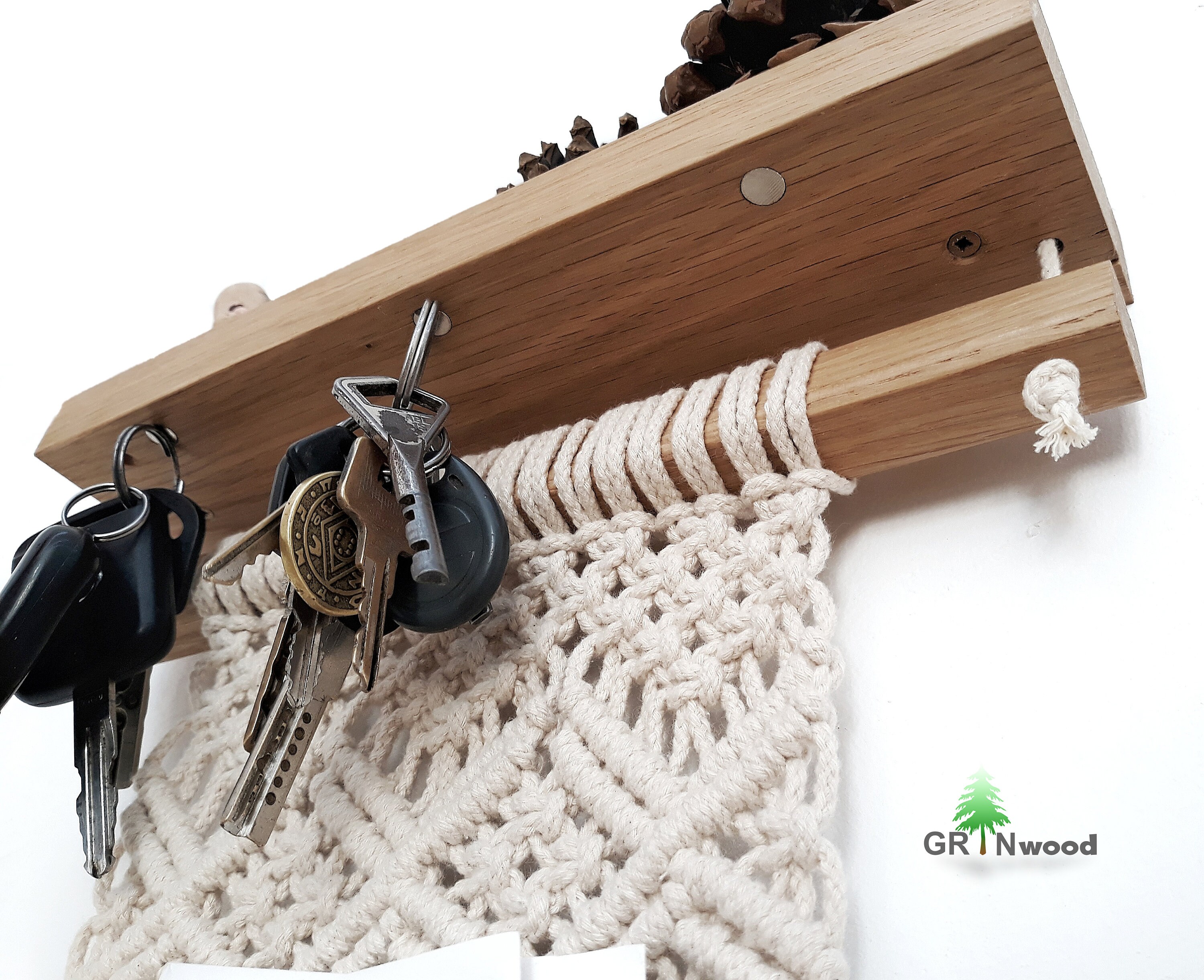 Wall Magnetic Key Holder With Macrame Pocket // Wood Floating Shelf ...