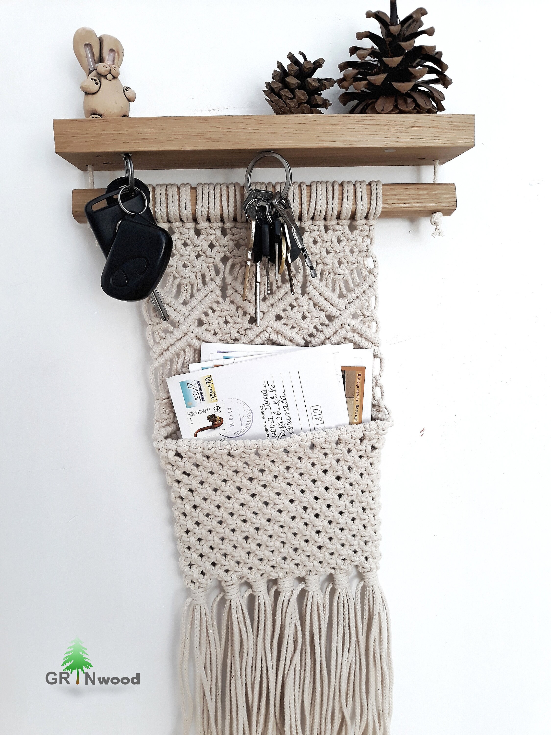 Wall Magnetic Key Holder With Macrame Pocket // Wood Floating Shelf ...