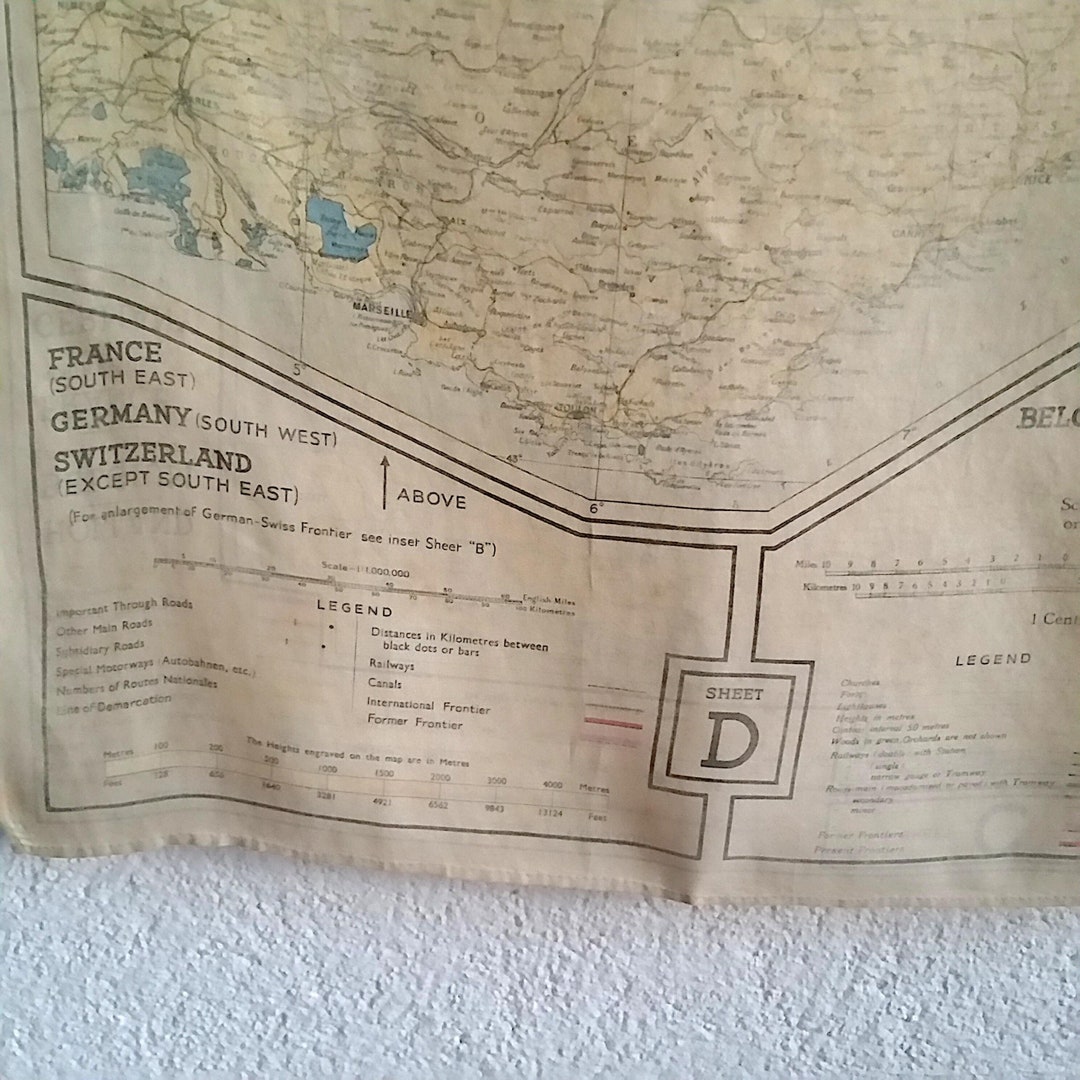 1940s WWII ESCAPE MAP Silk Scarf, Rare Original C / D Route Plan for ...