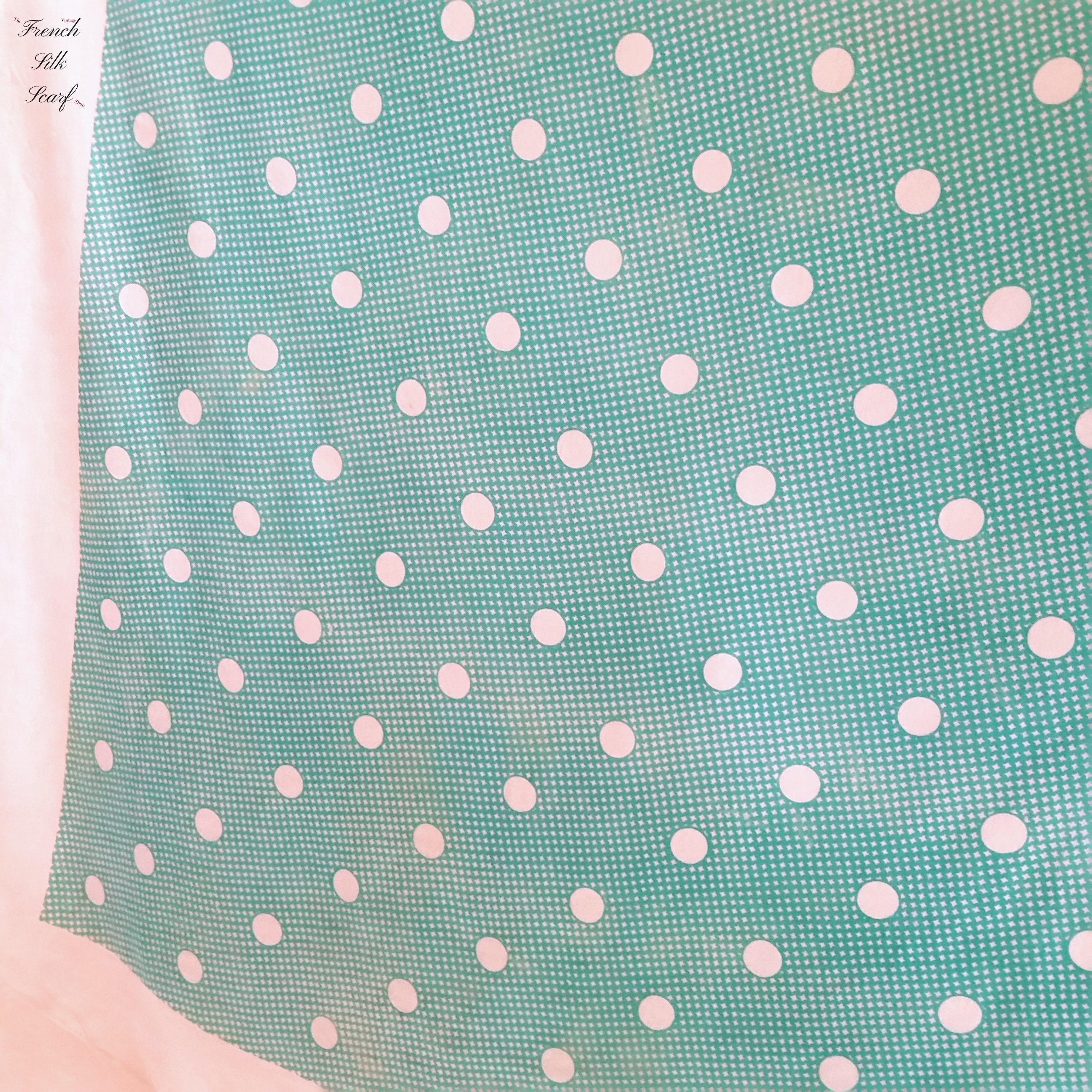 1930s FRENCH POLKA DOT Silk Scarf With Hatched Teal Background and ...