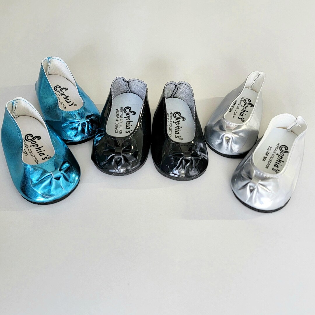 Shoes, Bow on Toe, Black, Silver, Teal Blue, Fits 18" American Girl or ...