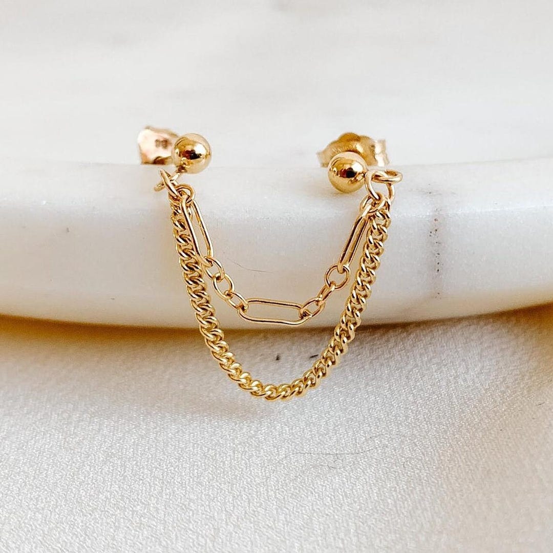 Double Stud Earrings With Dangling Chain, Double Piercing Earring Chain ...