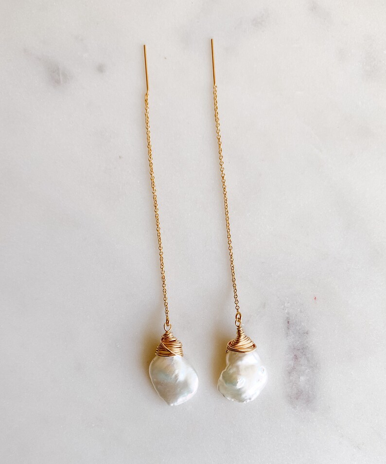 Gold Pearl Threader Earring / Long Chain Earrings / Wedding | Etsy