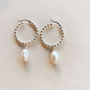 Sterling Silver Beaded Hoop Earrings With Baroque Pearl Drops - Etsy