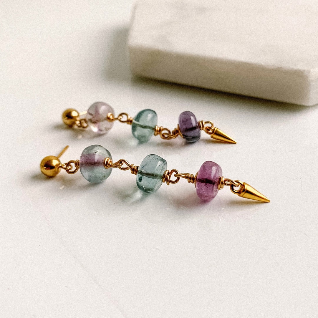 Gold Triple Stone Drop Earrings in Ombre Fluorite, 14k Gold Filled ...