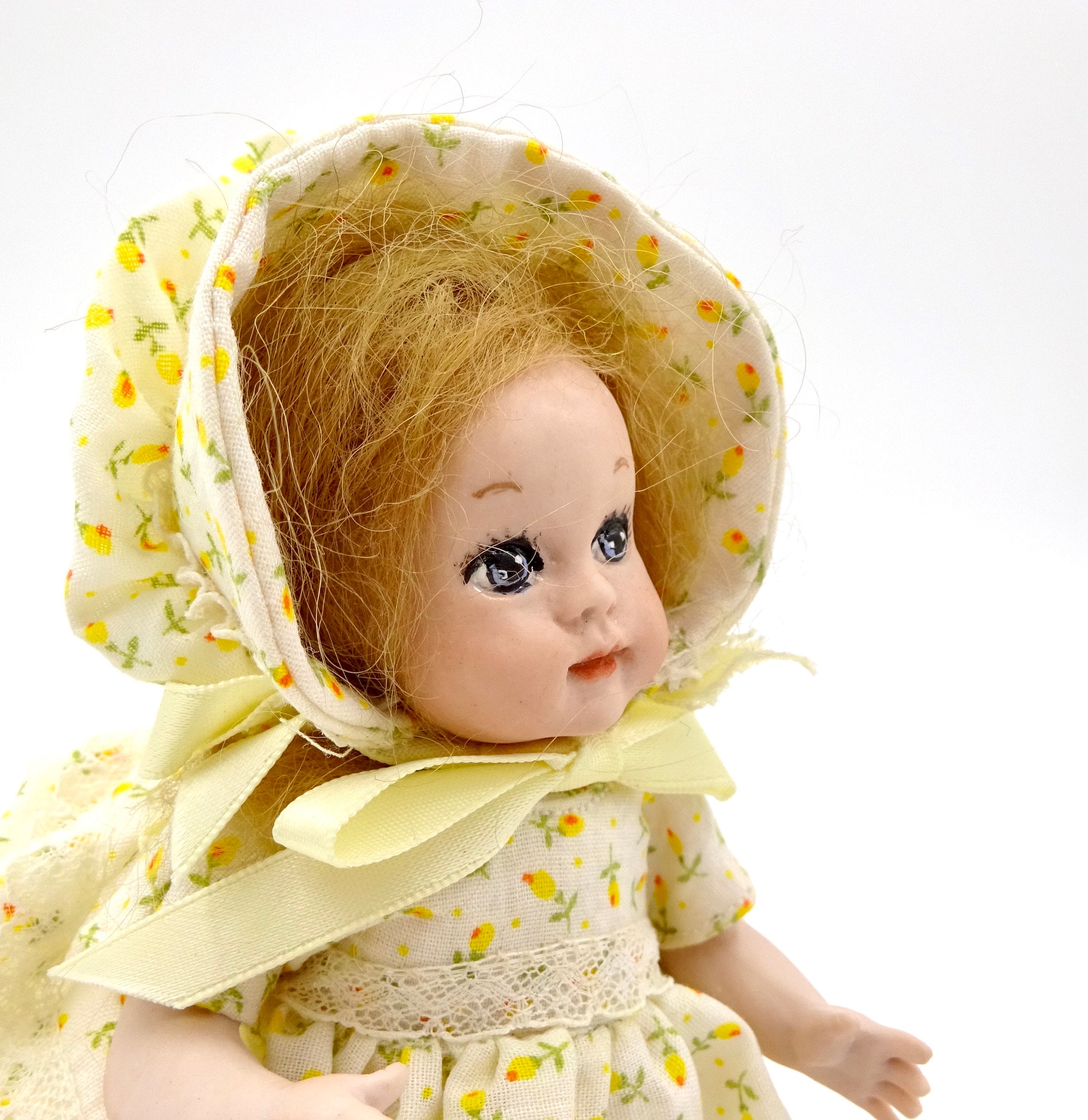 Vintage Phyllis Wright SMALL BABY DOLL shelly Yellow Floral Dress Bisque Porcelain House of ...