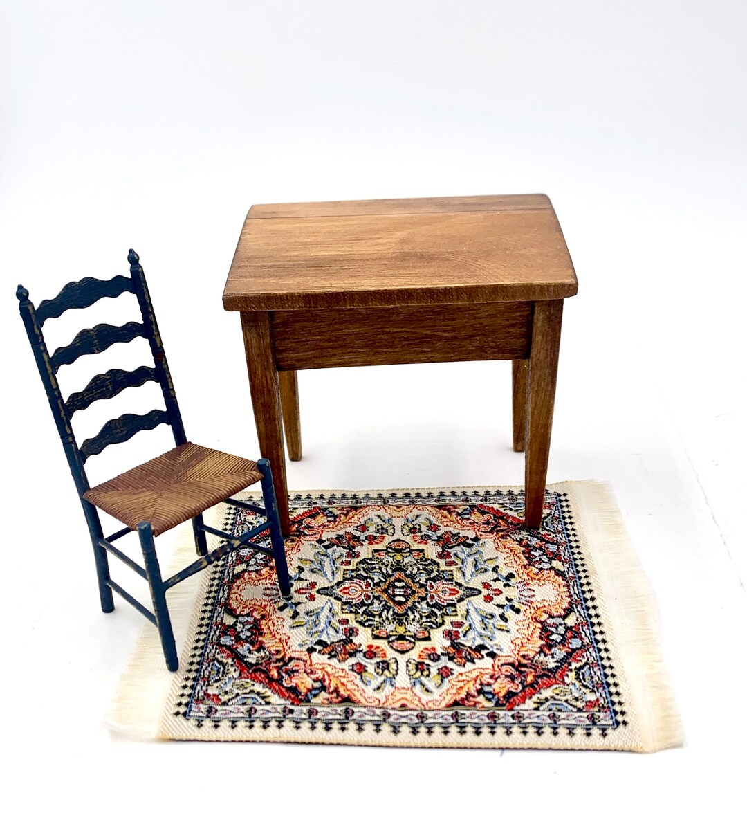 Vintage MINIATURE DOLLHOUSE CARPET Rug Oriental Style Cream Blue Red 1: ...